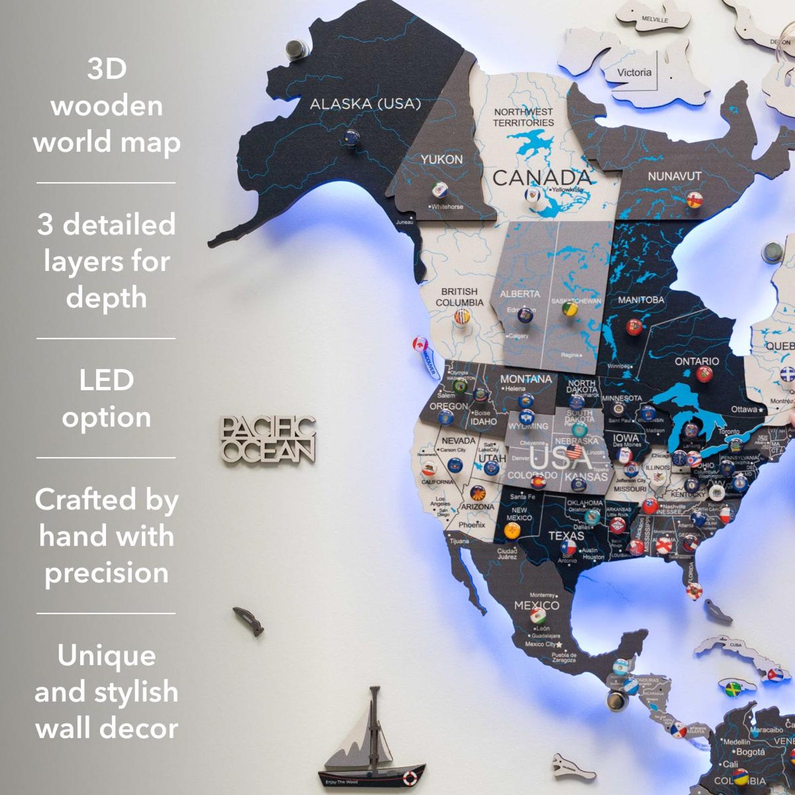 3D World Map With LED Backlight, Travel Map Push Pin, Home Decor ...