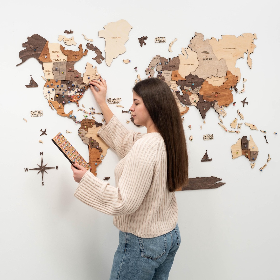 Wall Art World Map Wooden, 5th Anniversary Gift, Housewarming Gift ...