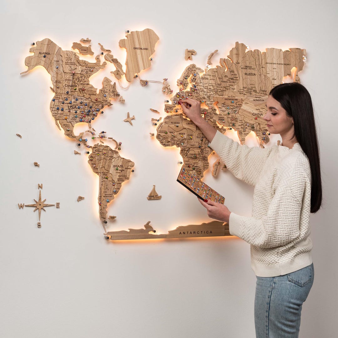 3D Wooden World Map With LED Background, Exclusive Wall Decor, Home ...