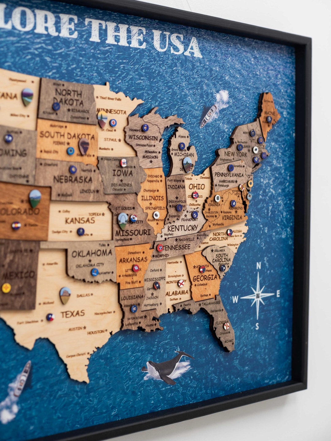 3D United States Map on Board, US Travel Map Push Pins, Framed Wall Art ...