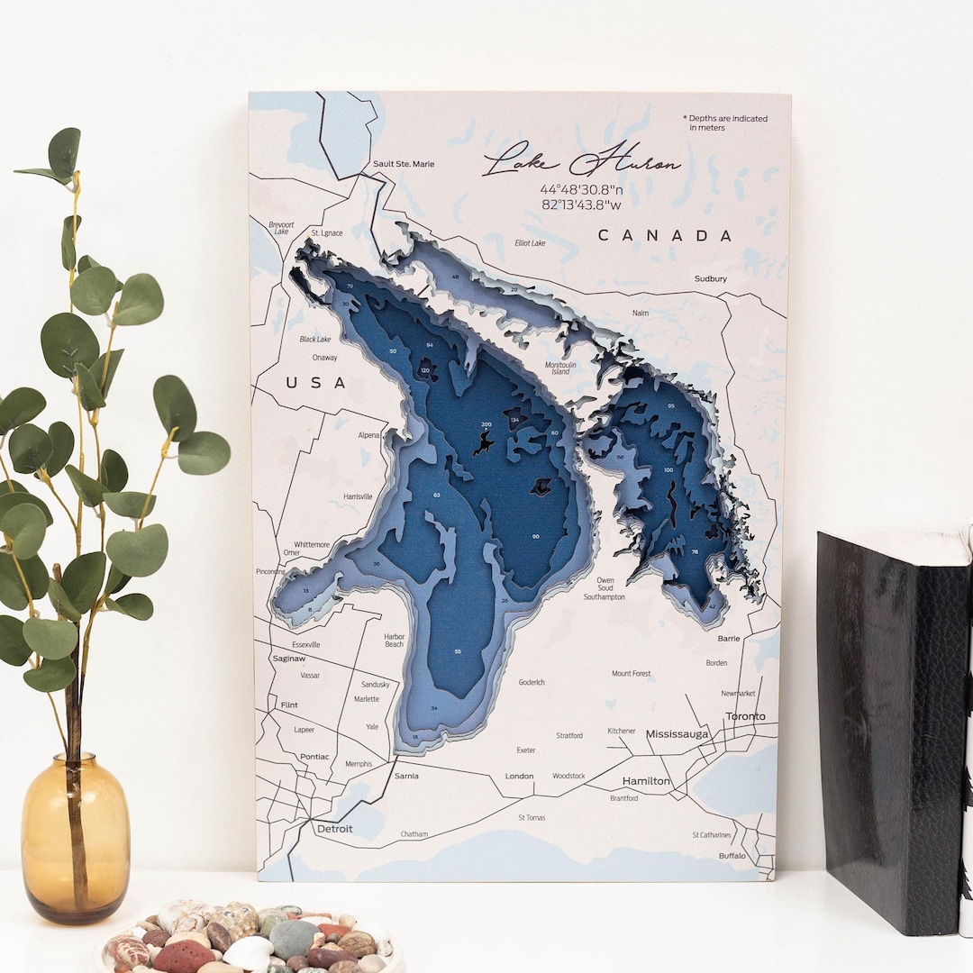 3d Huron Lake Map, Wooden Great Lakes Map, Modern Home Decor, USA ...