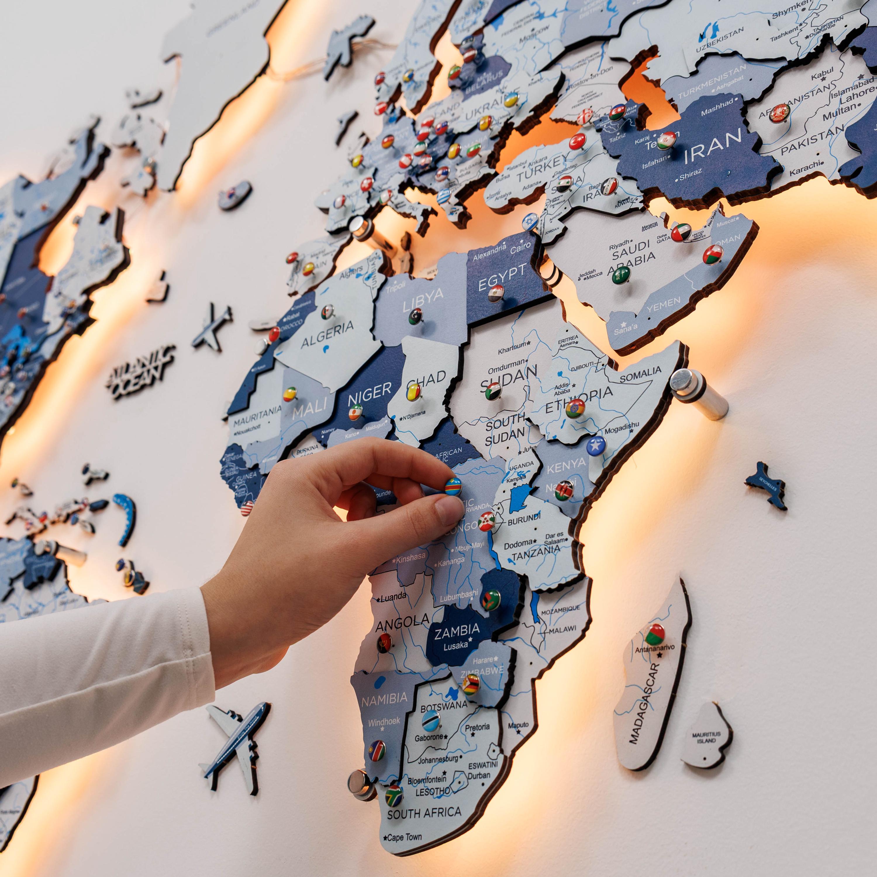 3D Wooden World Map With LED Backlight, Push Pin Traveling Map Tracker ...