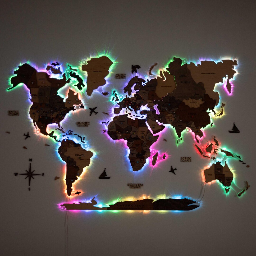 World Map With LED Lights Wall Decor Living Room 3D Travel Map Push ...
