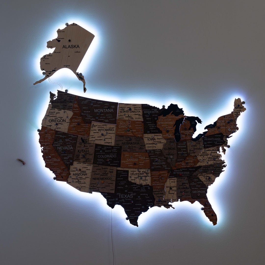 3D US Map LED Backlighting, Travel Maps Push Pin, Wooden Home Decor ...