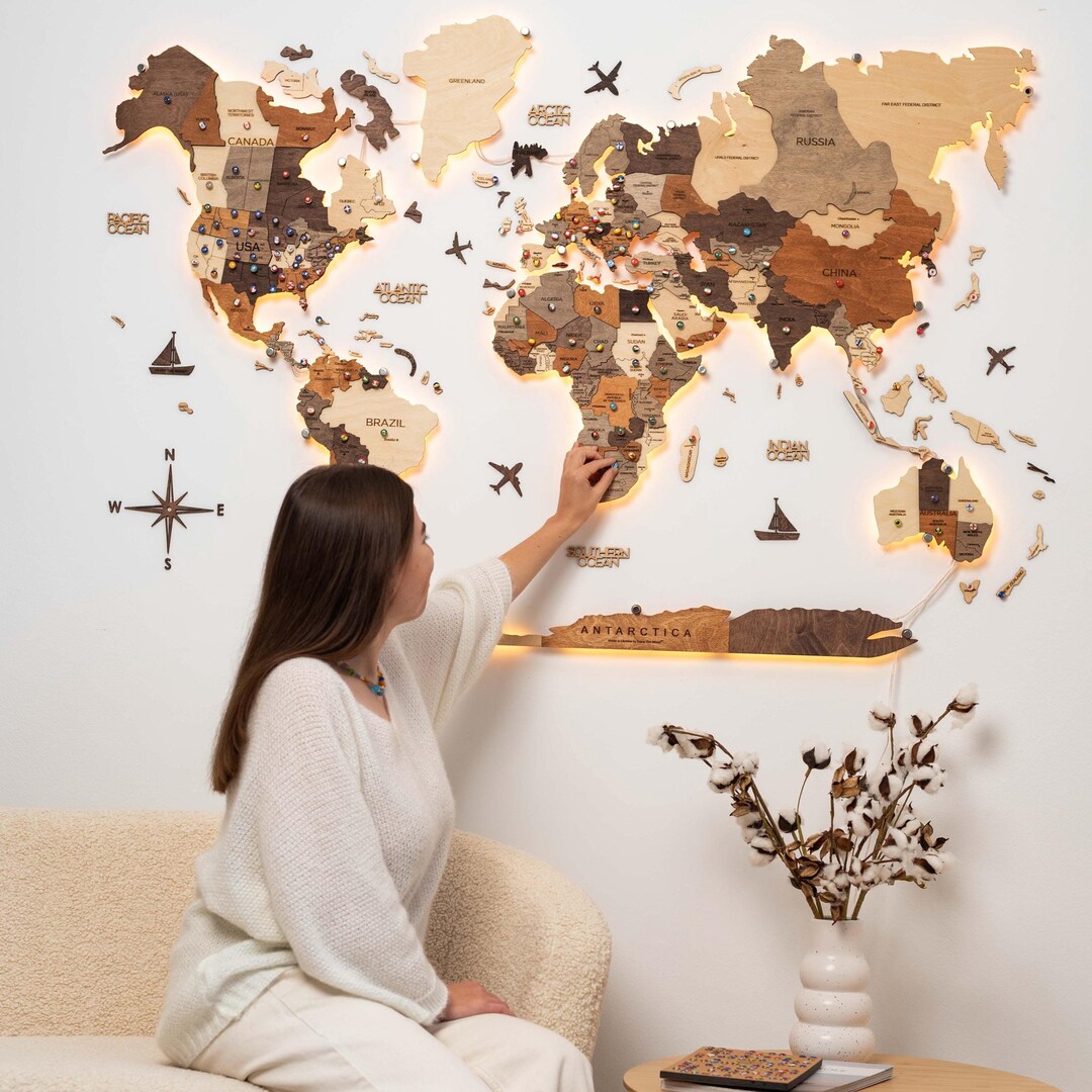 Wooden World Map With LED Backlighting, Wall Art LED, Our Travels Map ...