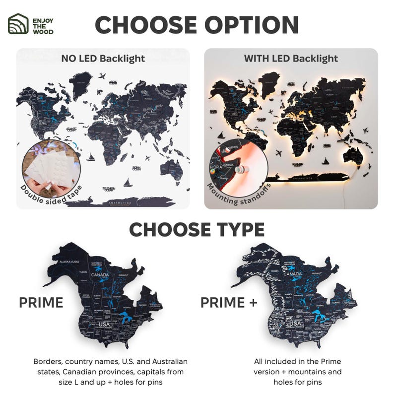 Wooden World Map With LED Backlighting 3D Travel Map Push Pins Home ...