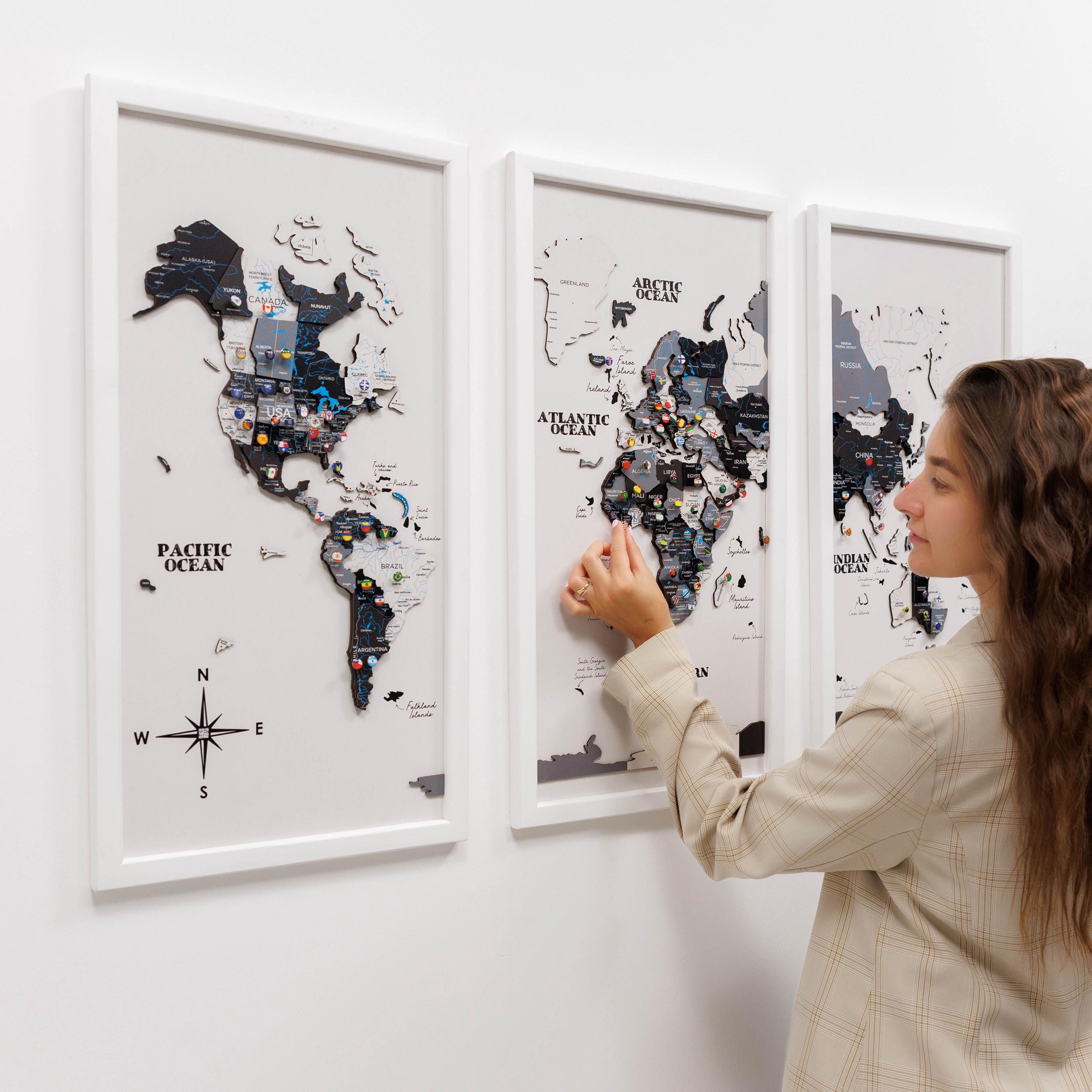World Map Display Wall Art Wooden Design Travel Piece Country Map Push ...