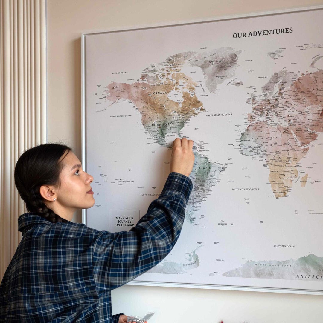 Classic World Wall Map Сanvas, Custom Home Decor, Visited Countries Pin ...