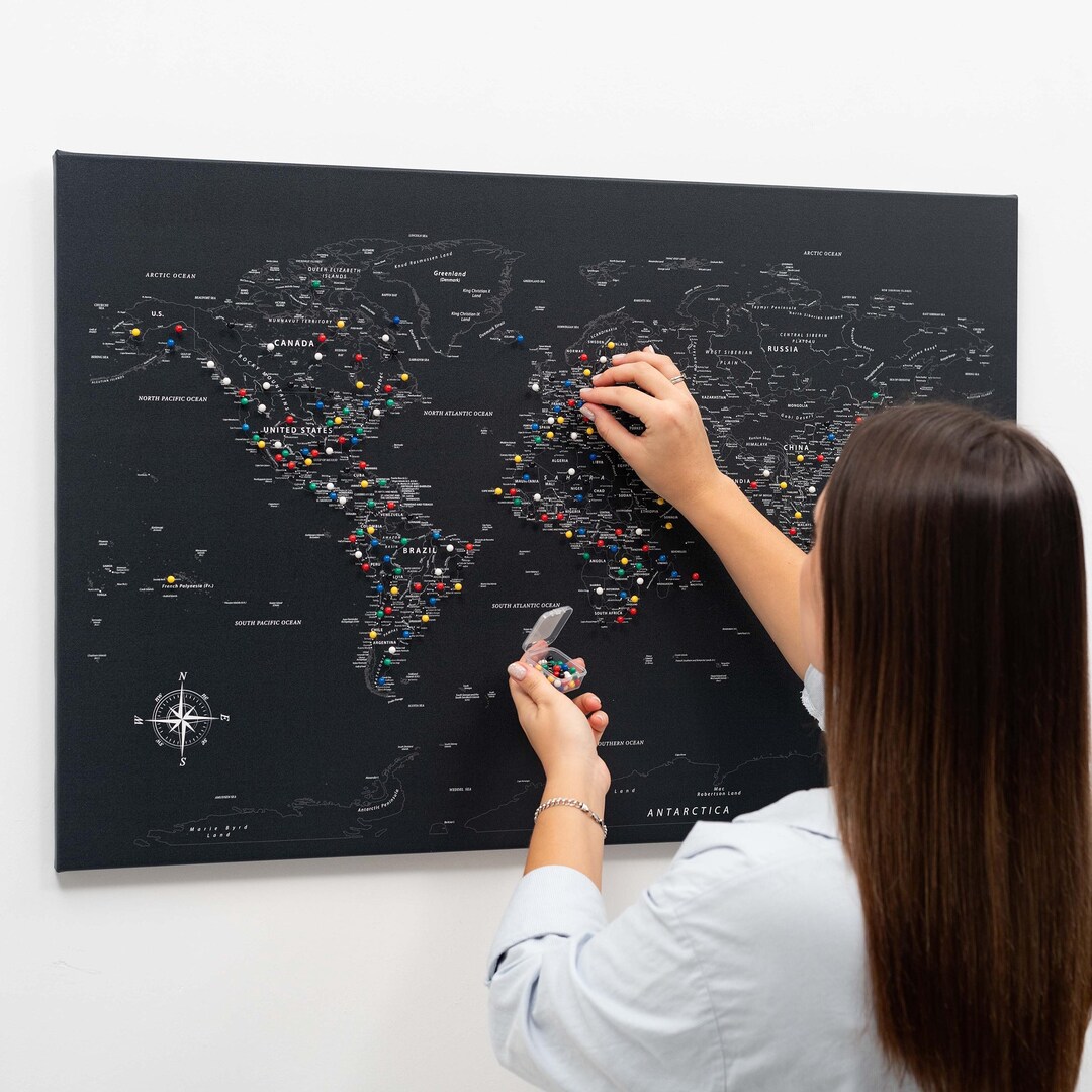 Personalized Adventure Tracker World Map, Black Art Canvas Wall Art ...
