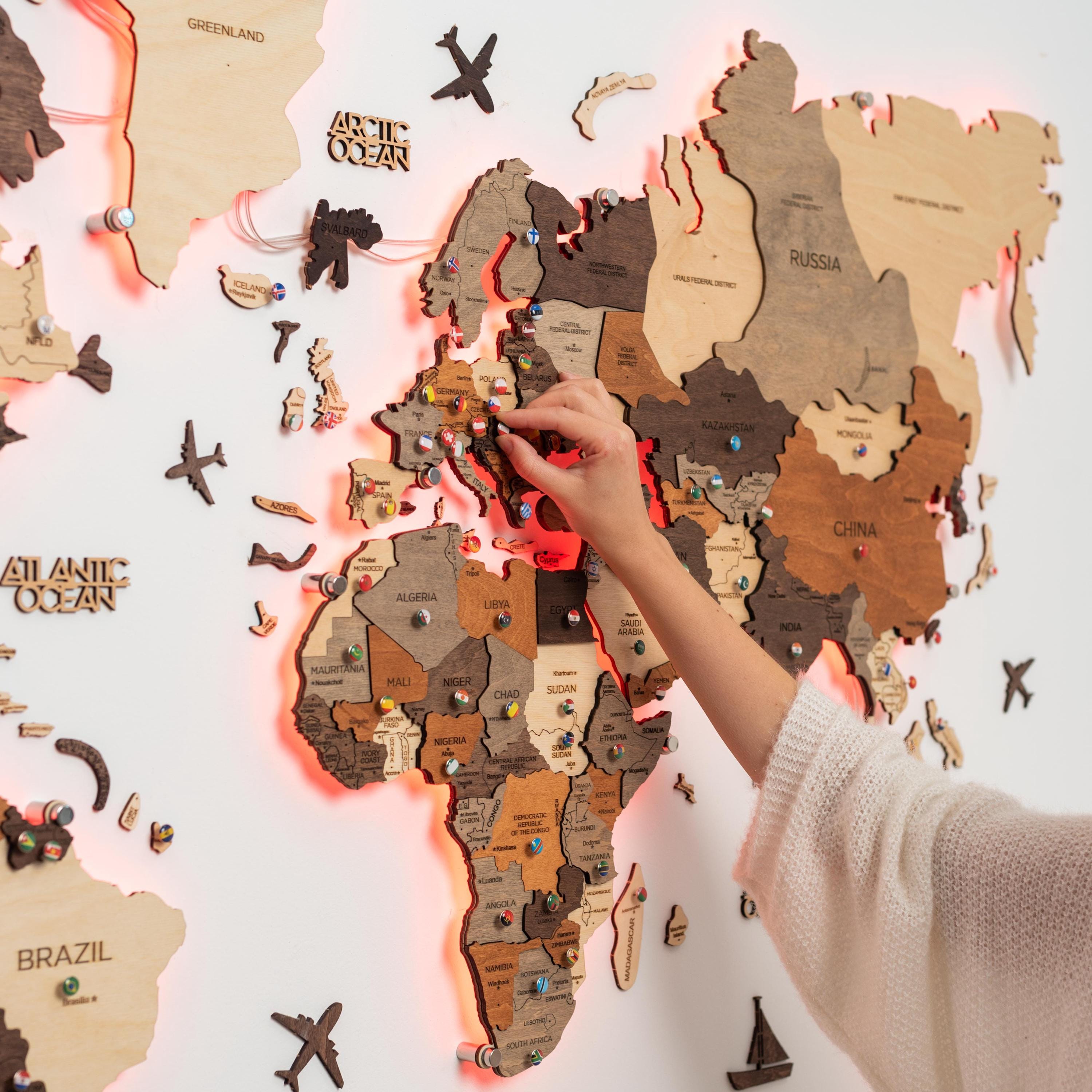 Home Decor Wall Art, Wooden World Map With Push Pins, Weltkarte ...
