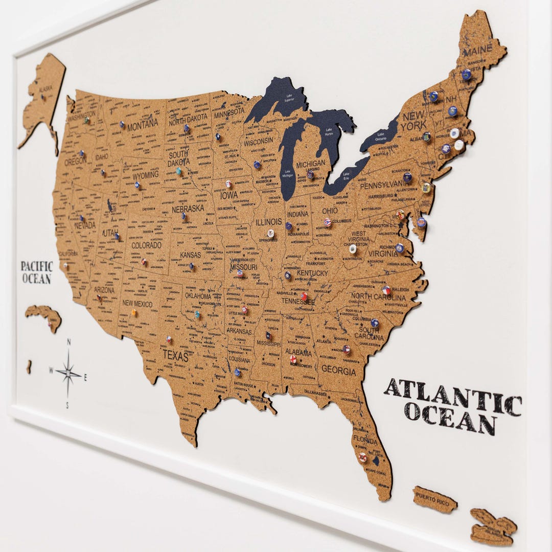 US Push Pin Map, Framed US Map, Cork Travel Map Board, Anniversary Gift ...