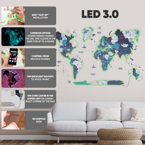 LED 3D Wall Map Art, Travel Map With LED Lighting, Illuminated World ...