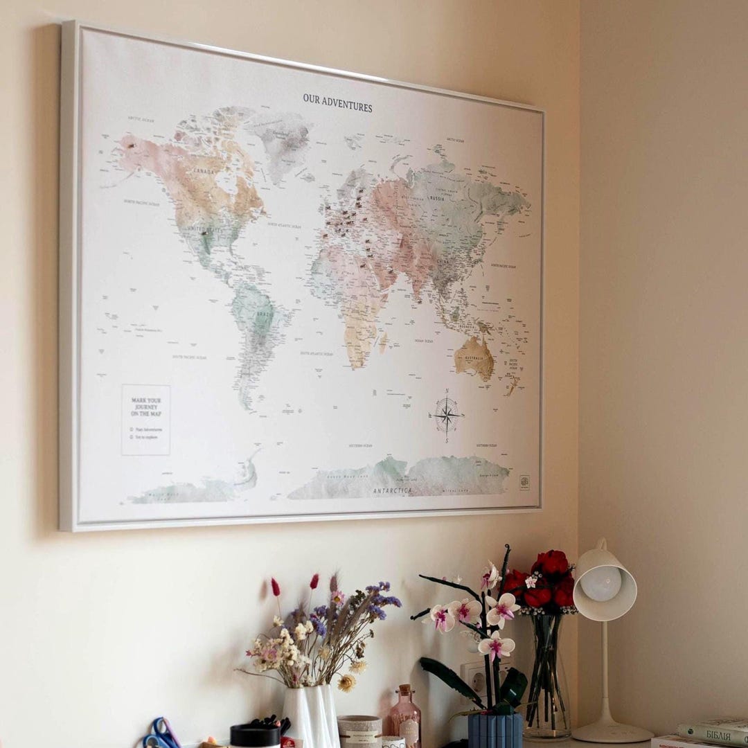 Pastel Canvas Travel Map, Couple Anniversary Gift, Canvas Wall Art ...