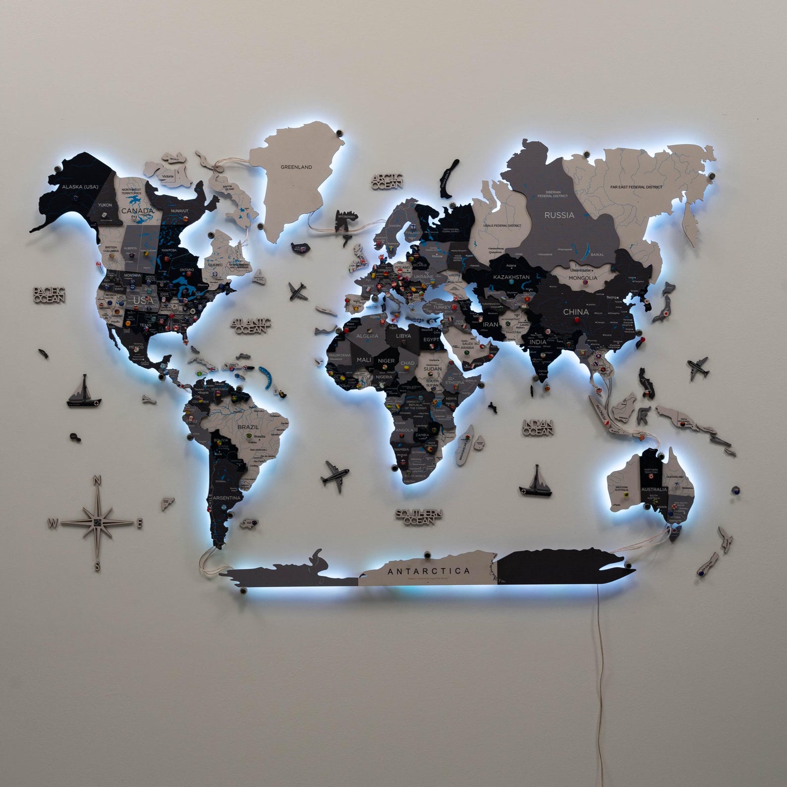 3D World Map With LED Backlight, Travel Map Push Pin, Home Decor ...
