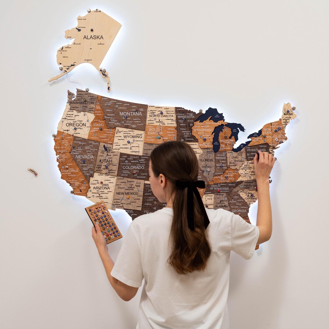 USA Push Pin Map With LED Backlight, Travel Map Push Pin, House Decor ...