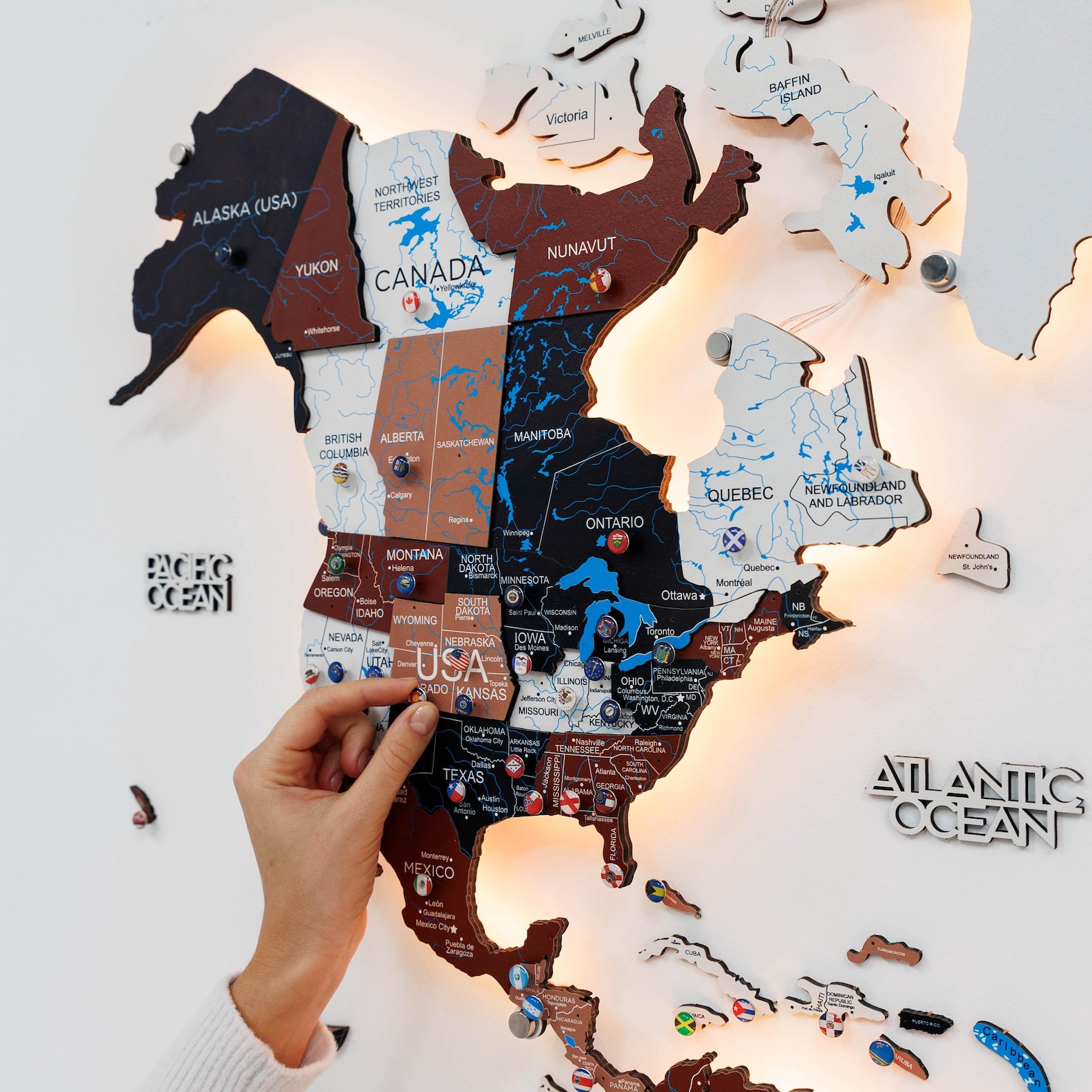3D World Map With LED Backlight Glows in the Dark Push Pin Traveling ...