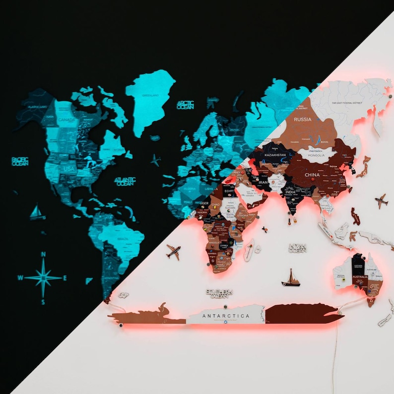 3D World Map With LED Backlight Glows in the Dark Push Pin Traveling ...