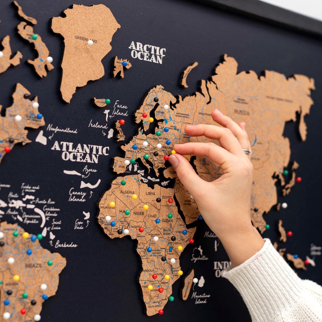 Cork World Map Wall Art, Push Pin Travel Map, Wood World Map, Home ...