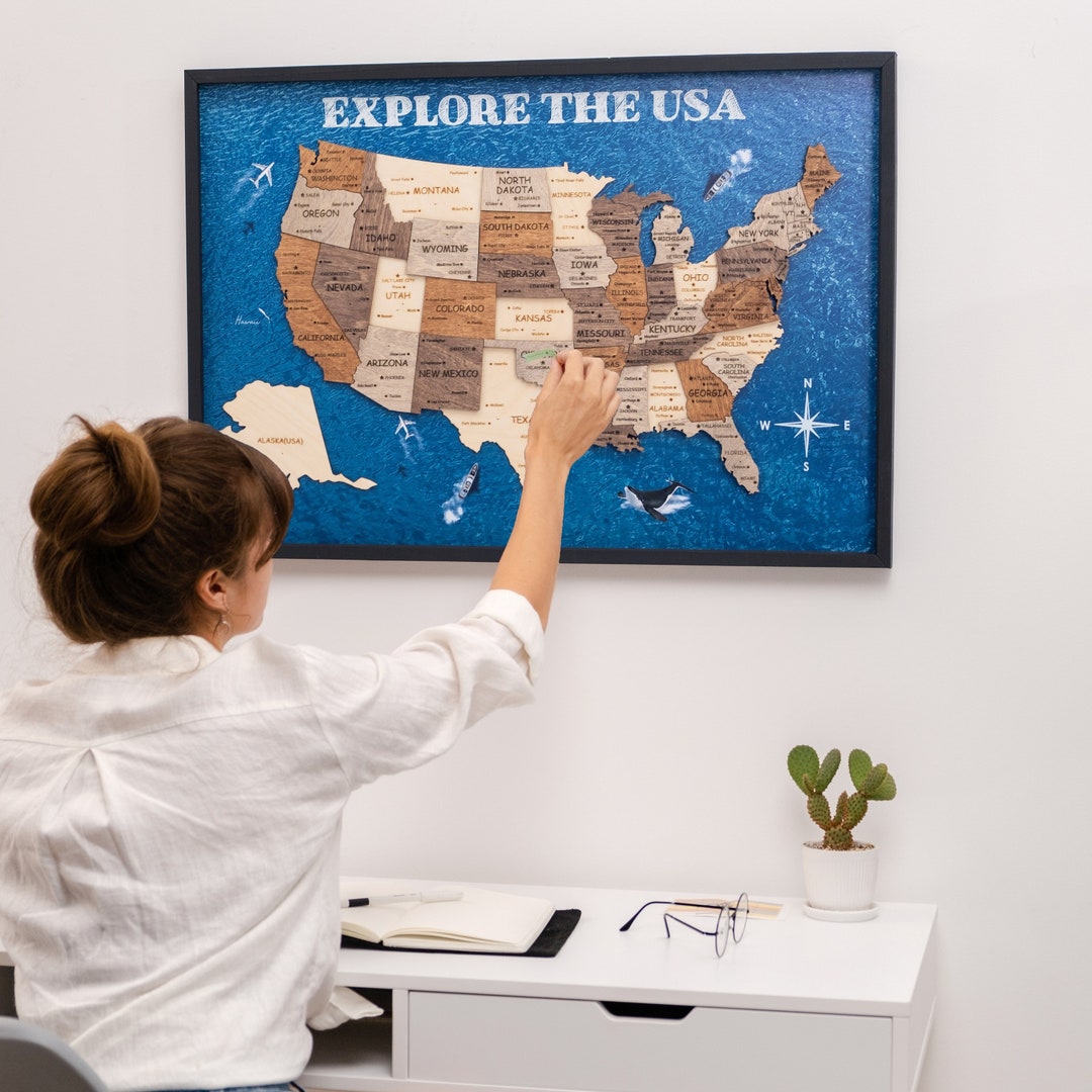 US Map on Board, Travel Map Push Pin, Patriotic Decor, Birthday Gift ...