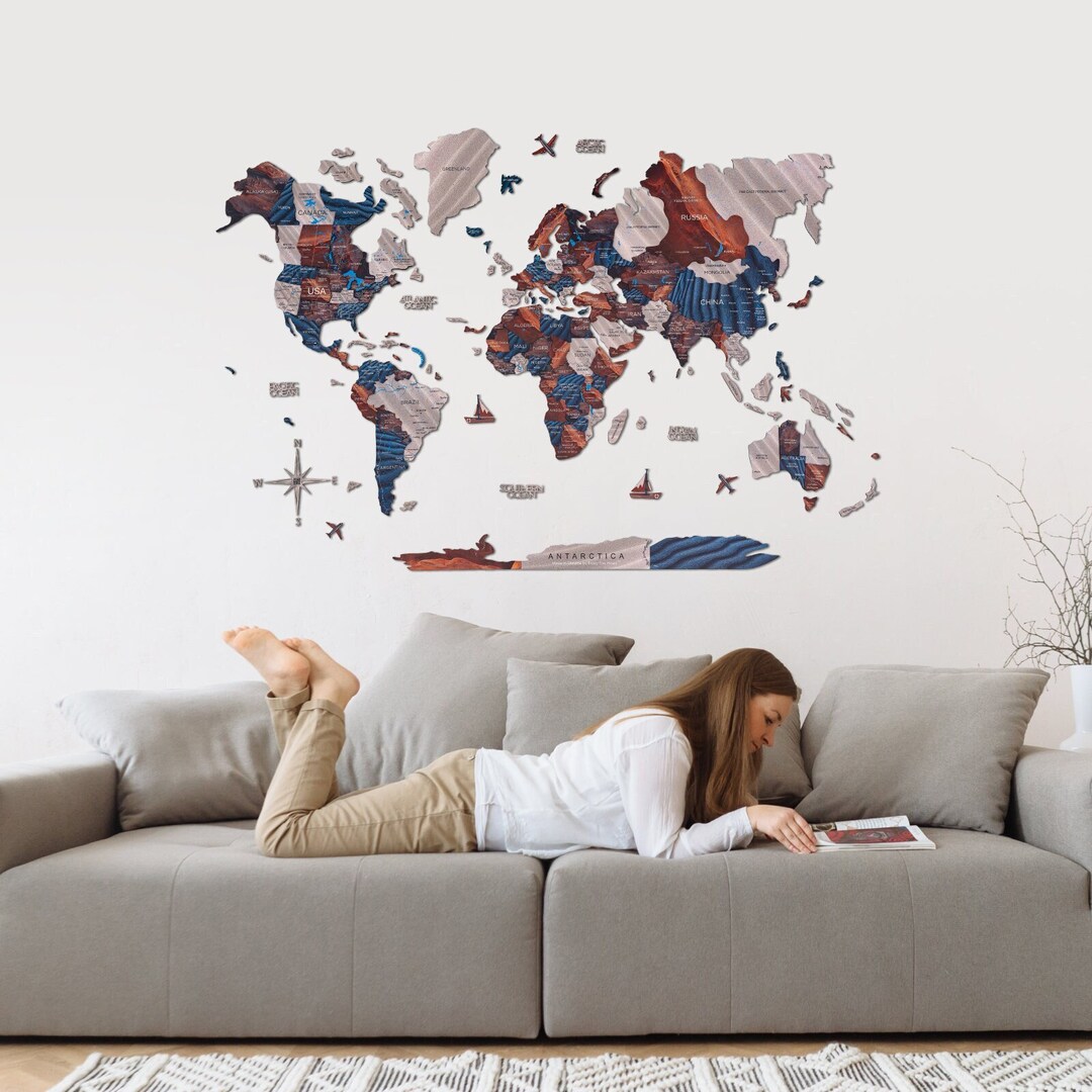 3D World Map Wall Art, Trendy Wall Decor, Wooden Map Mark Places ...