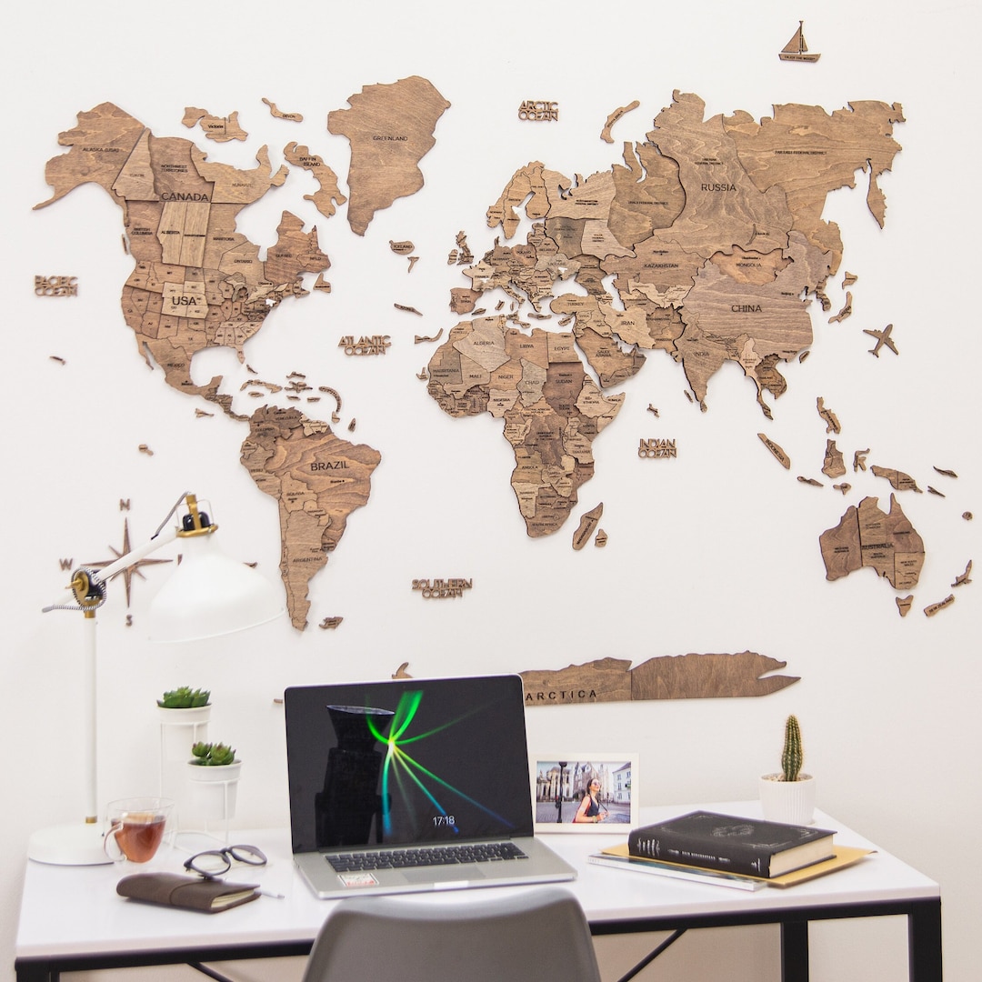 Handcrafted Wooden World Map Wall Art, Home Office Decor, Push Pins Map ...