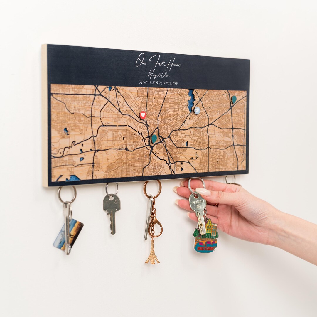 Magnetic Key Holder for Wall, Custom Wooden Location Map, New Home Our ...