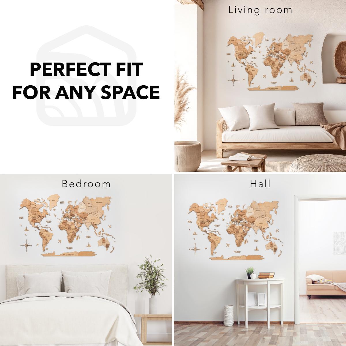3D Map Wall Art Wooden World Map Apartment Decor Home Gift Push Pin ...