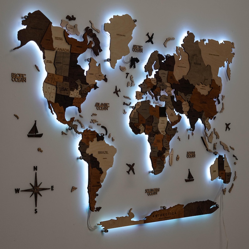 LED Wooden World Map With LED Backlighting Our Travels Map Home Decor ...