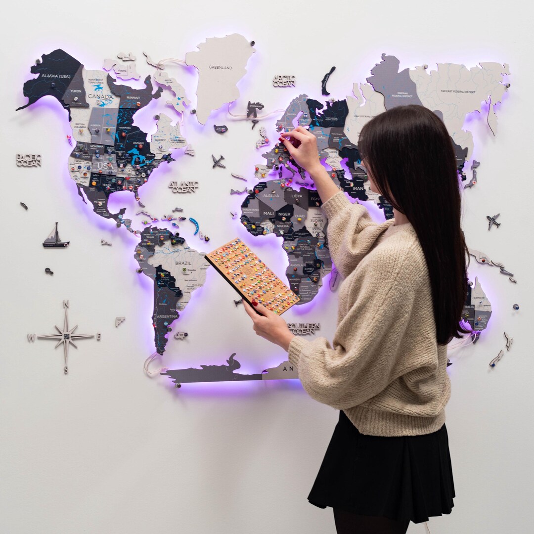 3D World Map With LED Backlight, Travel Map Push Pin, Home Decor ...