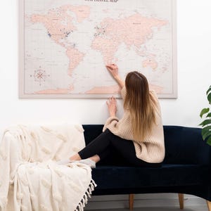 World Map Wall Art, Framed Wall Decor, Canvas Mounted Map, Push Pin Map ...
