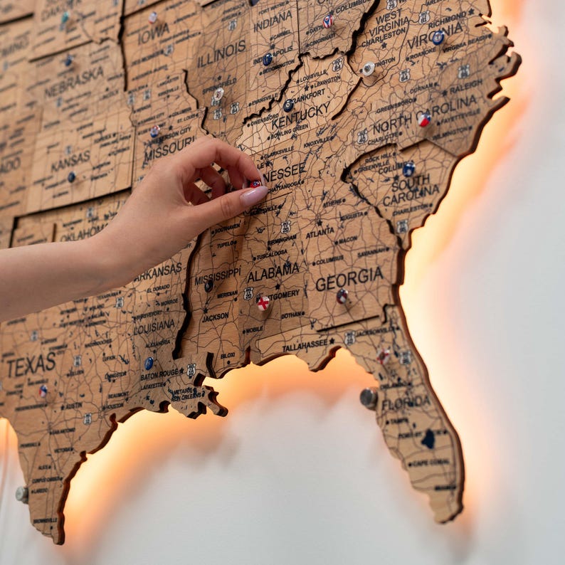 US Travel Map With LED Backlight, Wooden 3D Map Push Pin, House Decor ...