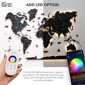 LED World Map Wall Art Travel Decor Living Room, Wooden World Map Push ...