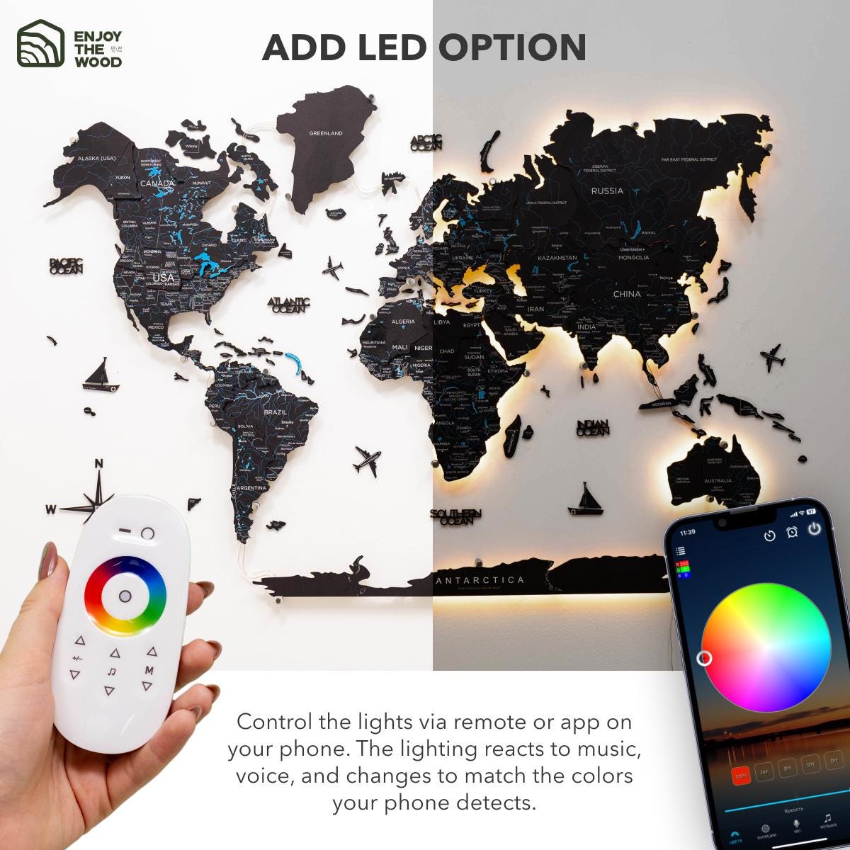 Wooden World Map With LED Backlighting 3D Travel Map Push Pins Home ...