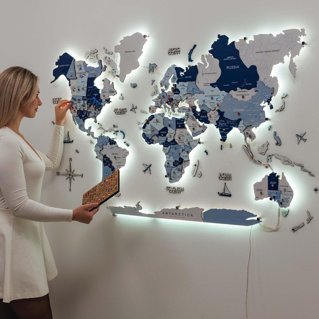 3D Wooden World Map With LED Backlight, Push Pin Traveling Map Tracker ...