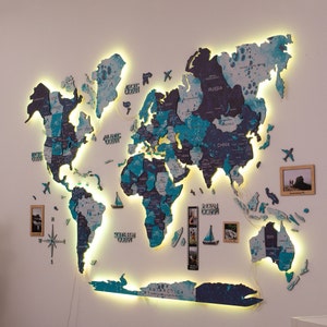 LED&LUM Wall Art, Wooden World Map With Luminous Effect, Housewarming ...