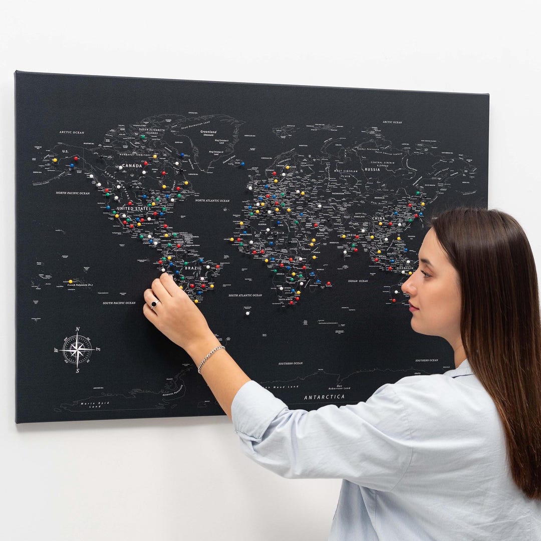 Detailed Travel Map, Visited Countries Pin Board Canvas, Places You've ...