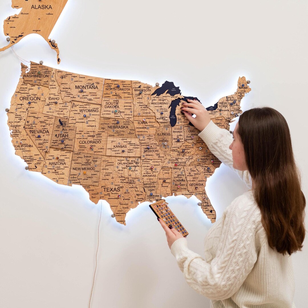 US Travel Map With LED Backlight, Wooden 3D Map Push Pin, House Decor ...