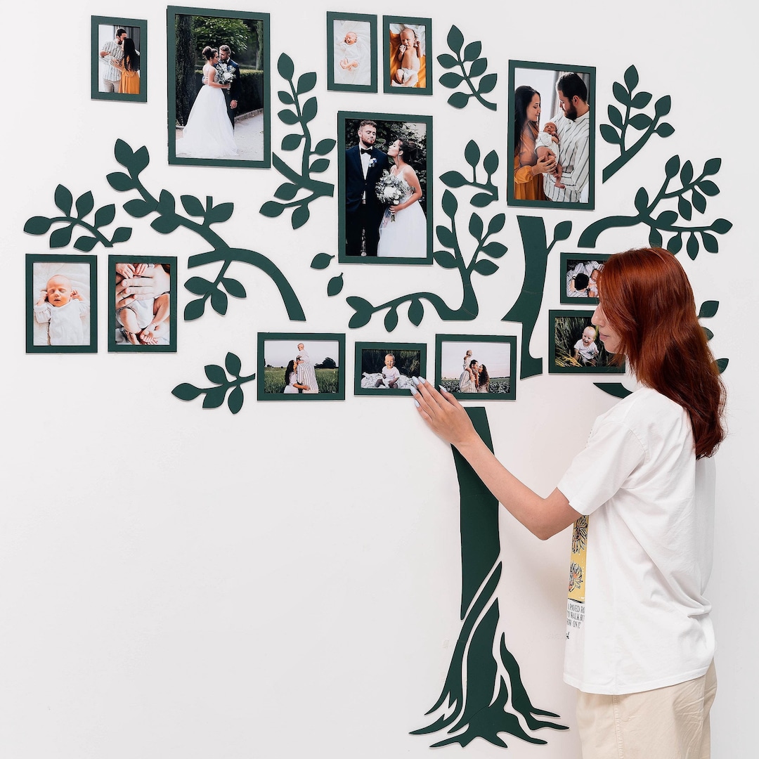 Family Tree Art, Green Family Tree With Photo Frames, Home Decor, Large ...