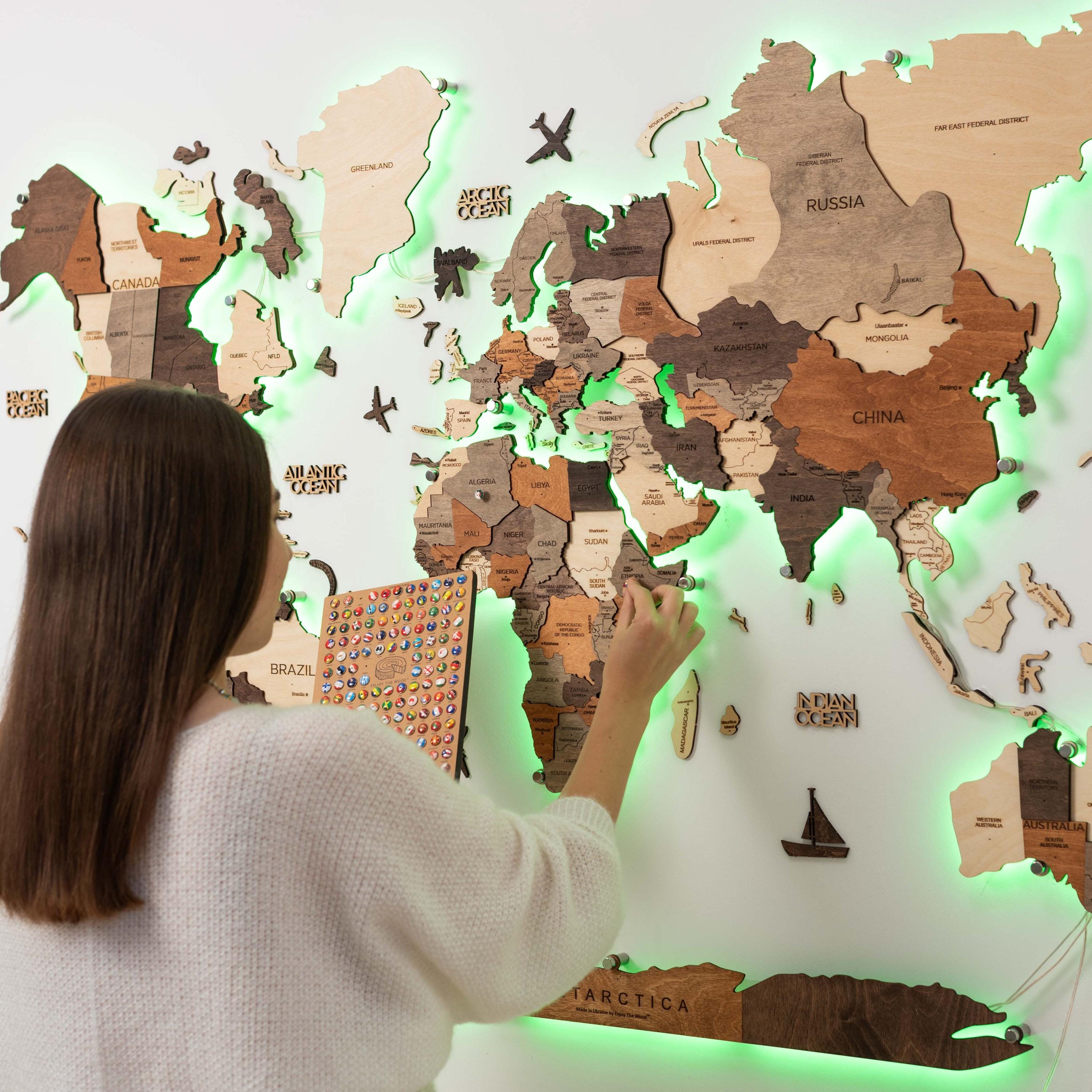 LED Wooden World Map With LED Backlighting Our Travels Map Home Decor ...