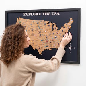 US Push Pin Map, Framed US Map, Cork Travel Map Board, Anniversary Gift ...