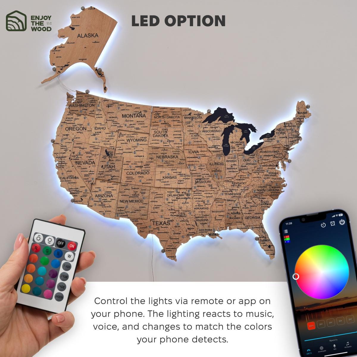 US Travel Map With LED Backlight, Wooden 3D Map Push Pin, House Decor ...