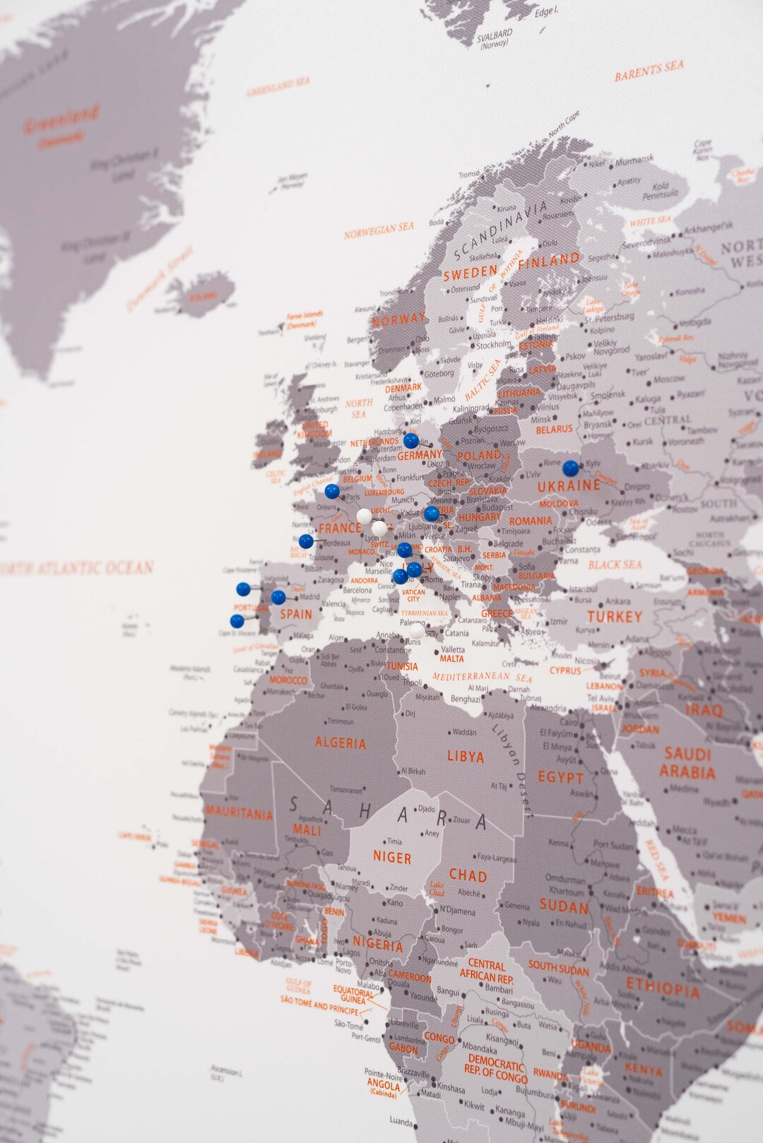 Gray World Map Poster, Canvas World Map With Push Pins, Big Wall Travel ...