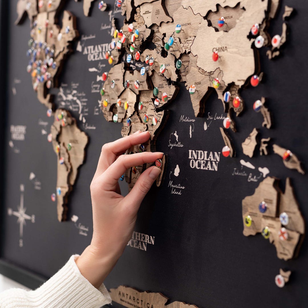 World Map Display Wall Art Wooden Design Travel Piece Country Map Push ...