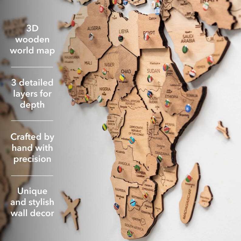 3D Map Wall Art Wooden World Map Apartment Decor Home Gift Push Pin ...
