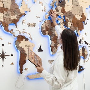 Wall Art LED Wooden World Map With LED Backlighting Our Travels Map ...