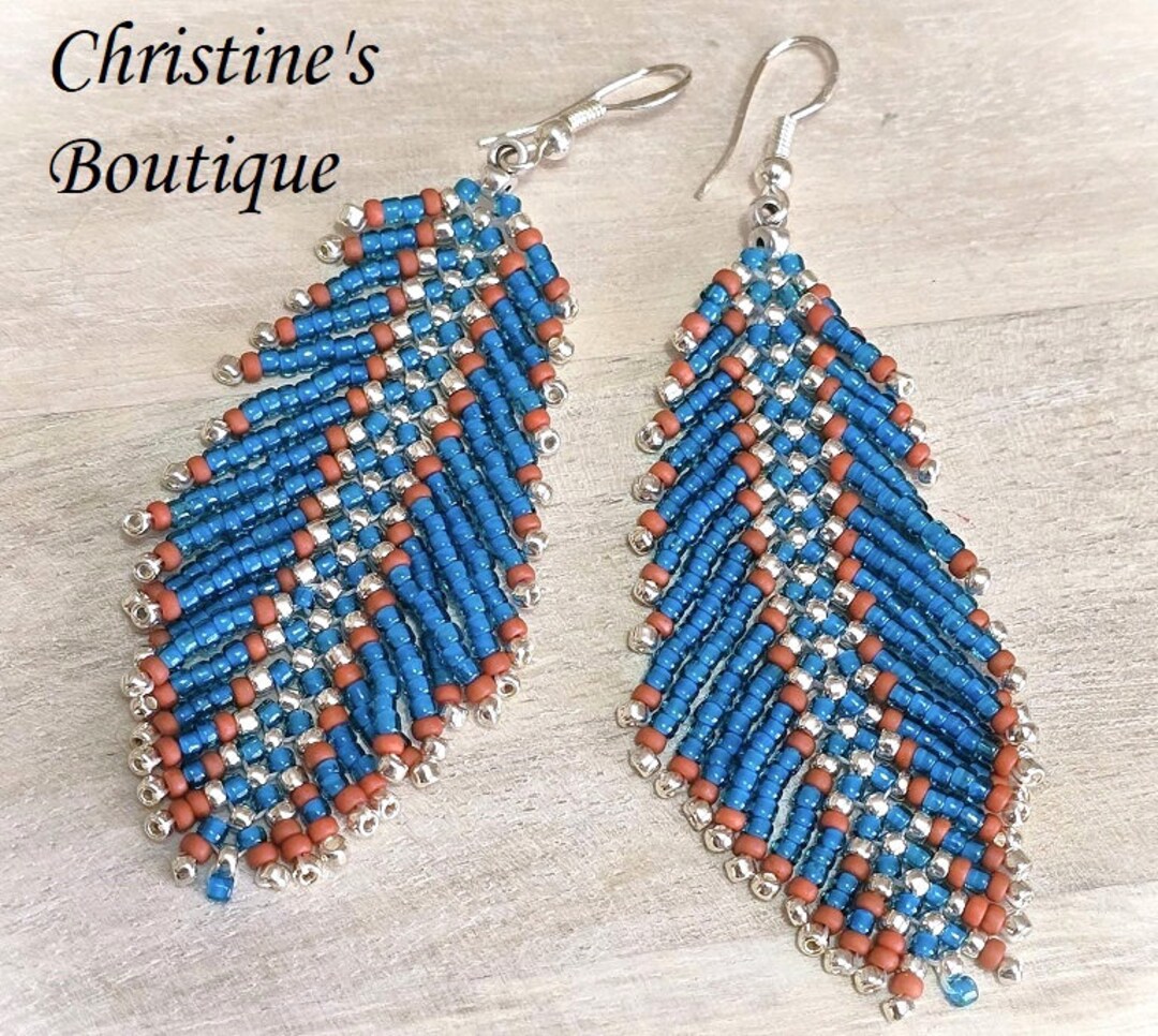 Handmade Glass Seed Bead Feather Earrings, Beaded Feather Earrings ...