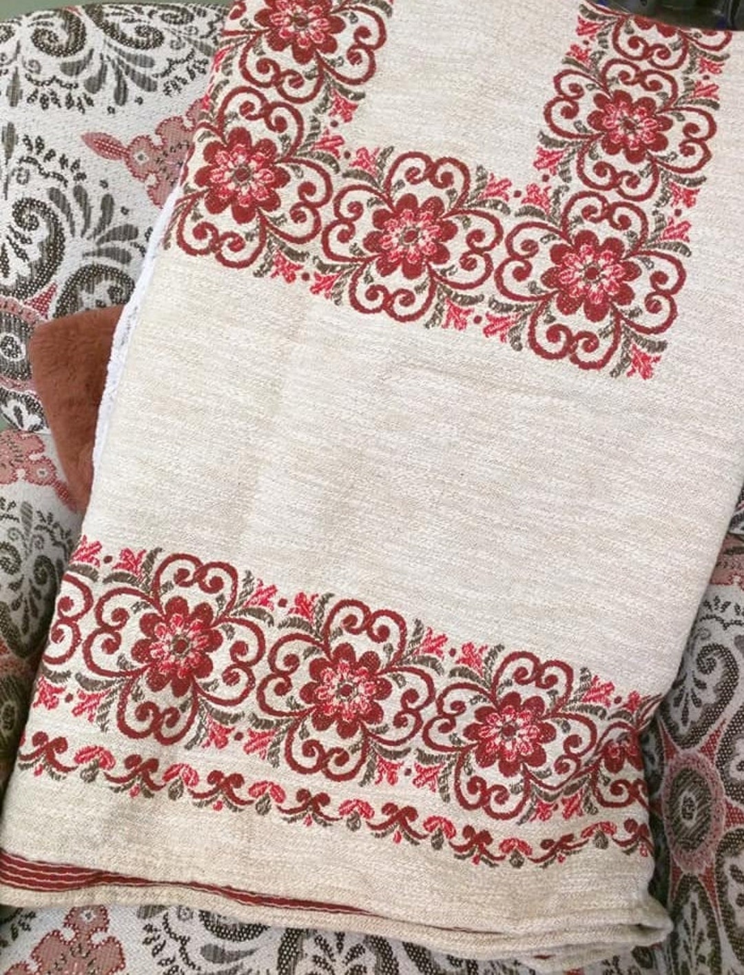 Vintage Heavy Embroidery Red Floral Scrolled Table Cloth 60" X 54" - Etsy