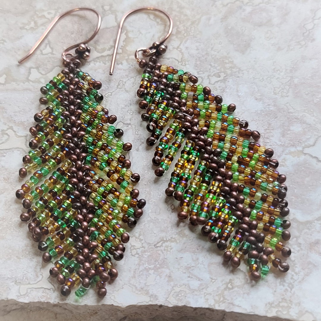Handmade Glass Seed Bead Feather Earrings, Beaded Feather Earrings ...