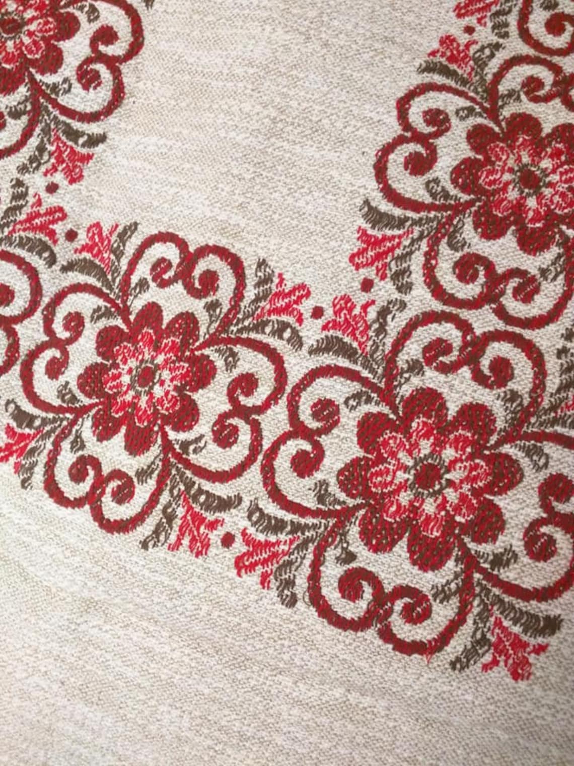 Vintage Heavy Embroidery Red Floral Scrolled Table Cloth | Etsy