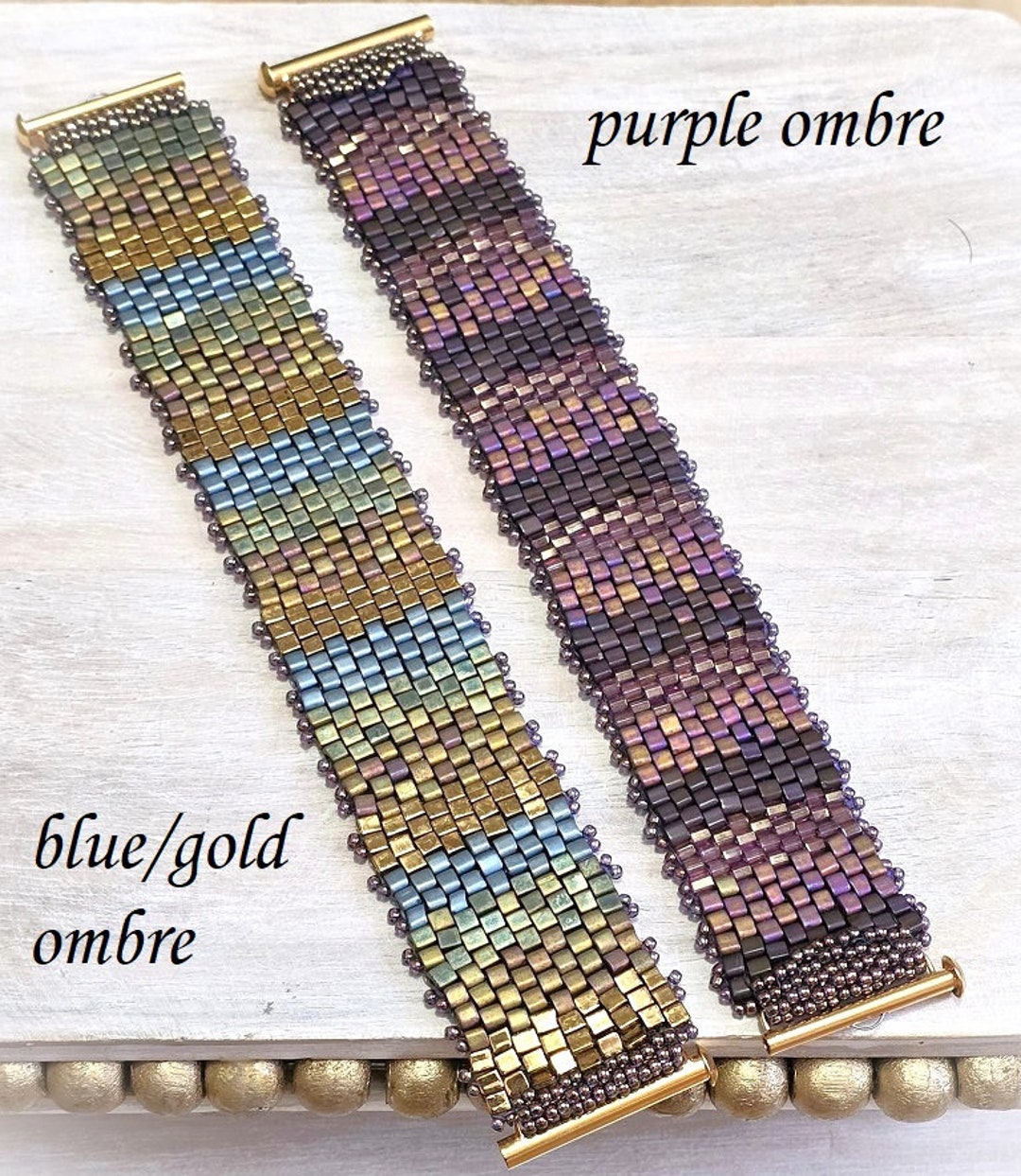 Handcrafted Peyote Stitch Glass Bead Bracelet Blue Green Gold Ombre ...
